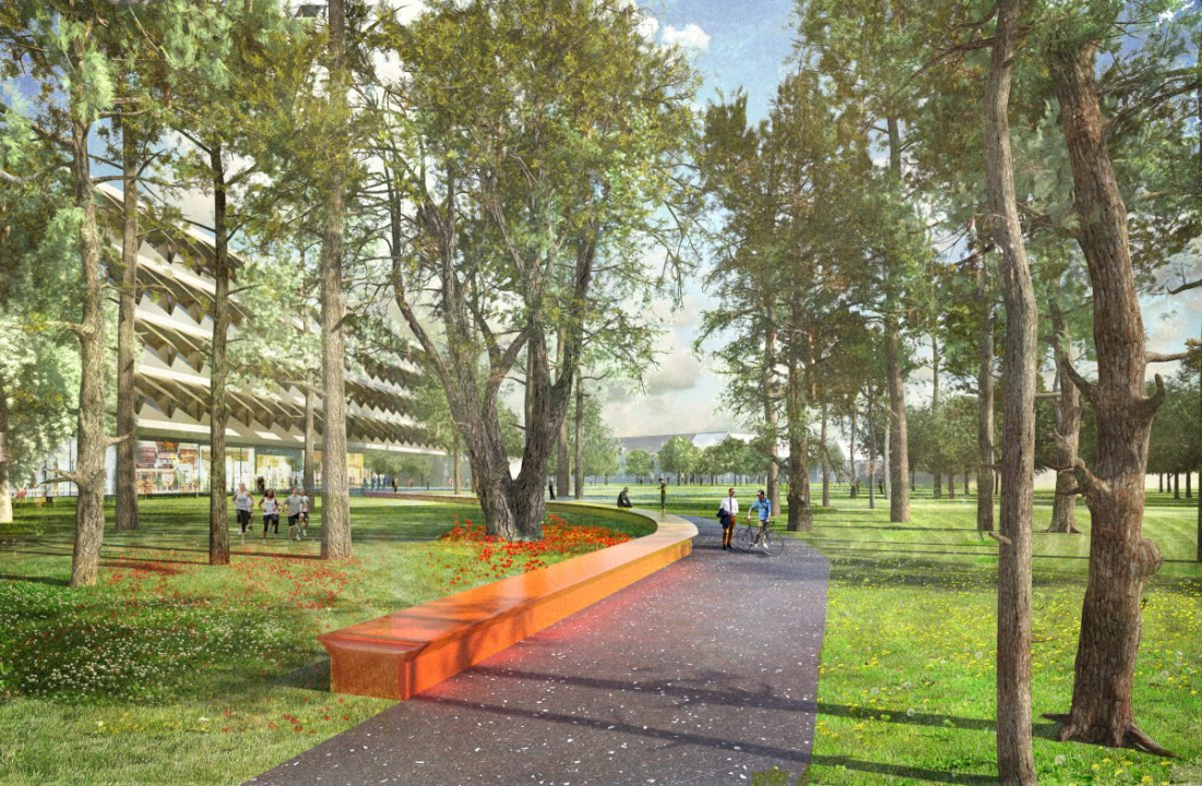 Competition render: office view containing an orange bench.